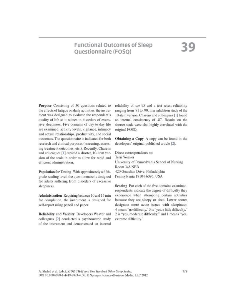 Functional Outcomes of Sleep Questionnaire (FOSQ) | PDF | Sleep | Sleep ...