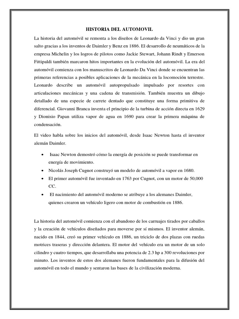 Historia Del Automovil | Descargar gratis PDF | Motores | Coche