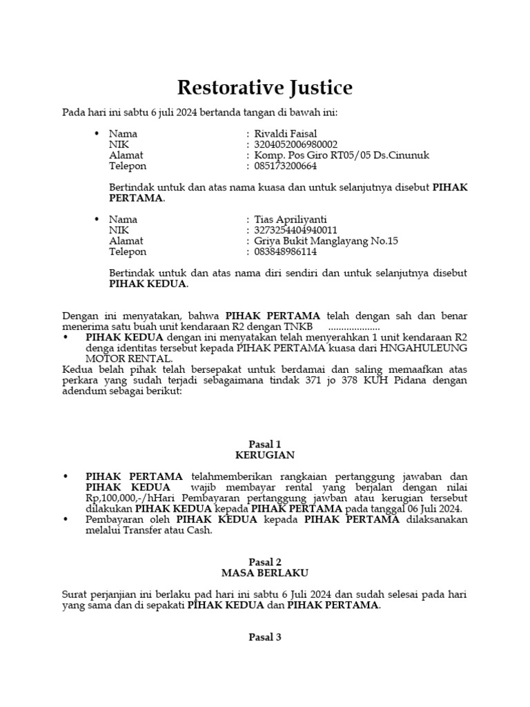 Restorative Justice: Kesepakatan Damai Kendaraan | PDF