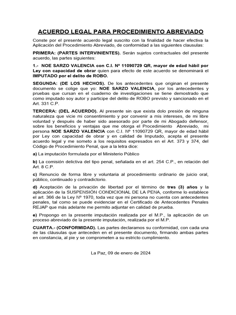 Acuerdo Legal para Procedimiento Abreviado | PDF | Derecho