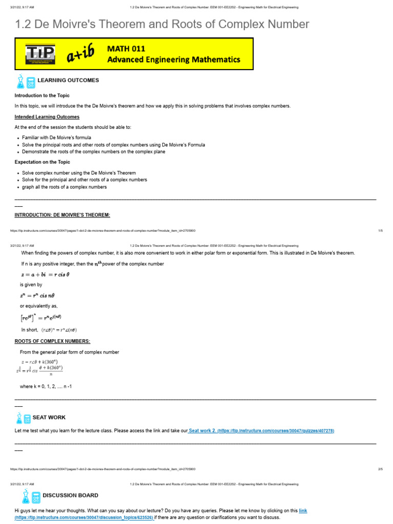 1.2 de Moivre's Theorem and Roots of Complex Number - EEM 001-EE22S2 ...