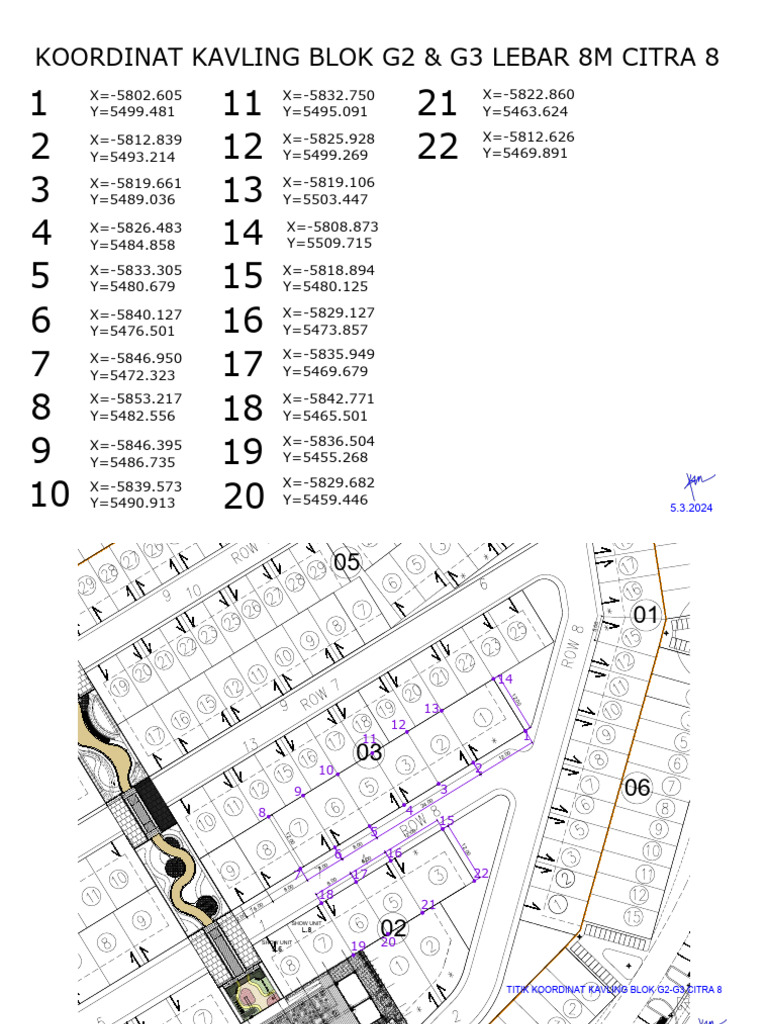 TITIK KOORDINAT KAVLING DAN PANCANG LEBAR 6 BLOK G3 & G5 - LEBAR 8 G2&G3 - Merged | PDF