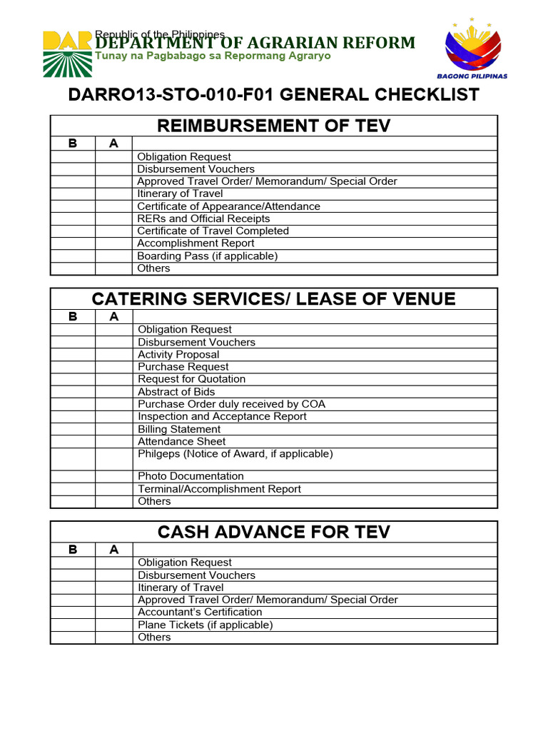 Agrarian Reform Reimbursement Checklist | PDF | Voucher | Receipt