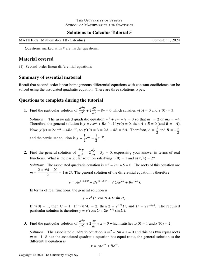 Solutions To Calculus Tutorial 5 | PDF | Ordinary Differential Equation ...