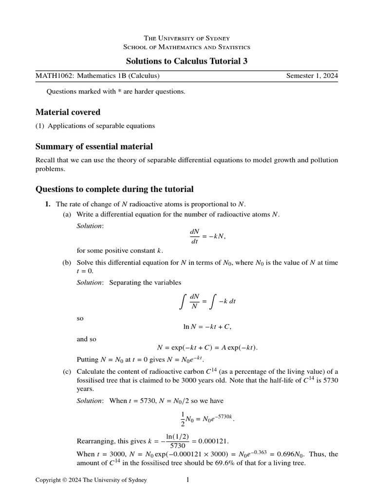 Solutions To Calculus Tutorial 3 | PDF | Exponential Function | Equations
