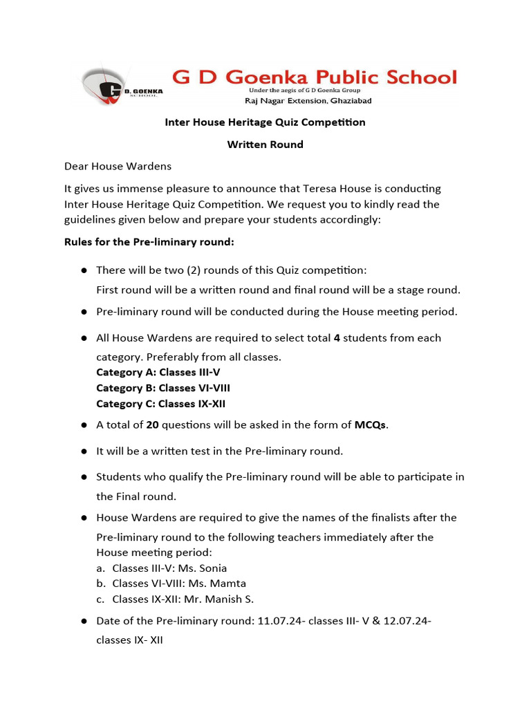 Inter House Heritage Quiz Guidelines | PDF