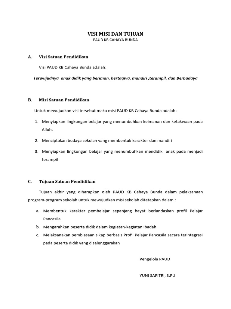 Visi Misi Dan Tujuan Paud KB Cahaya Bunda | PDF | Karier & Perkembangan ...