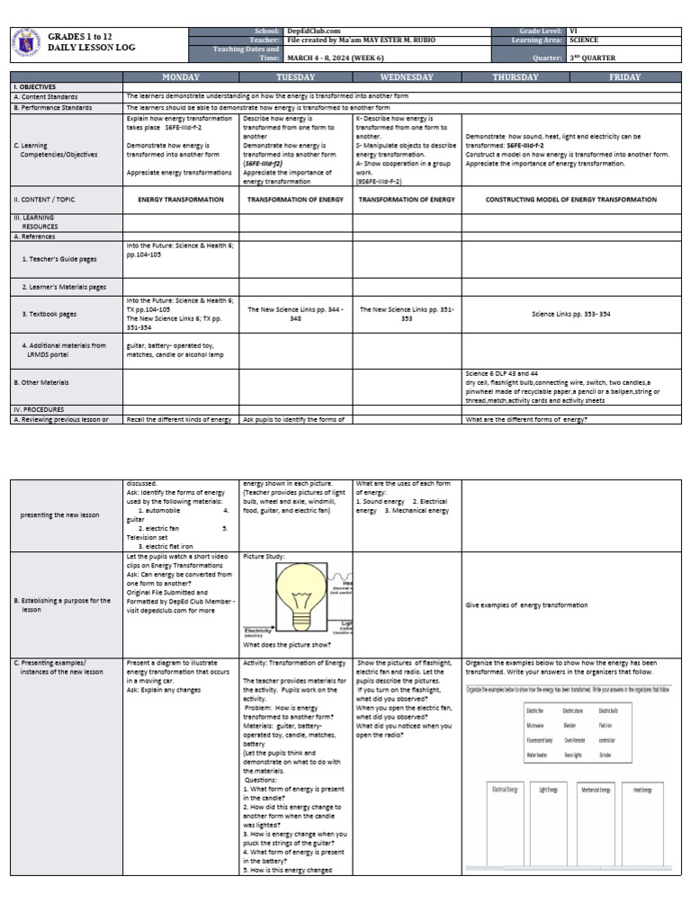 DLL - Science 6 - Q3 - W6 | PDF | Differentiated Instruction | Learning