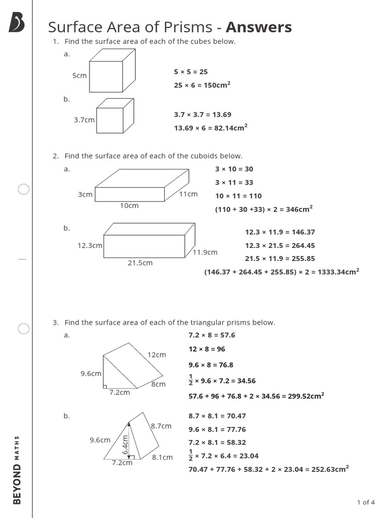 Surface Area of Prisms (Answers) | PDF | Euclidean Geometry | Volume