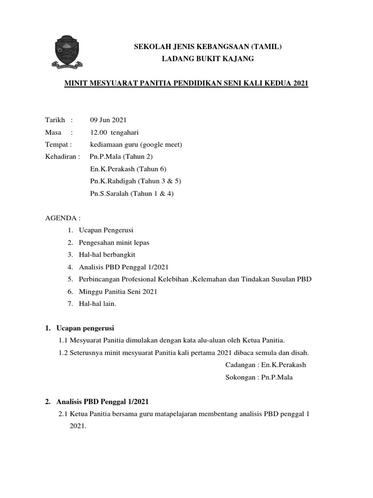 Minit Panitia Seni Kali 2-2021 | PDF