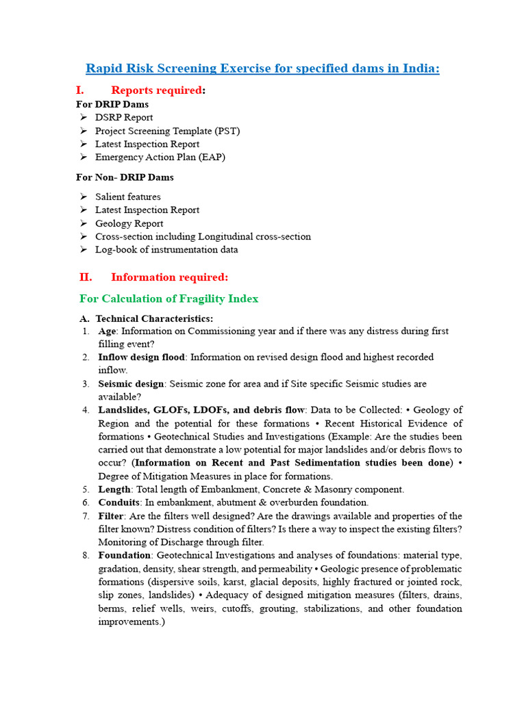 Data Requirement For Rapid Risk Assessment | PDF | Dam | Spillway