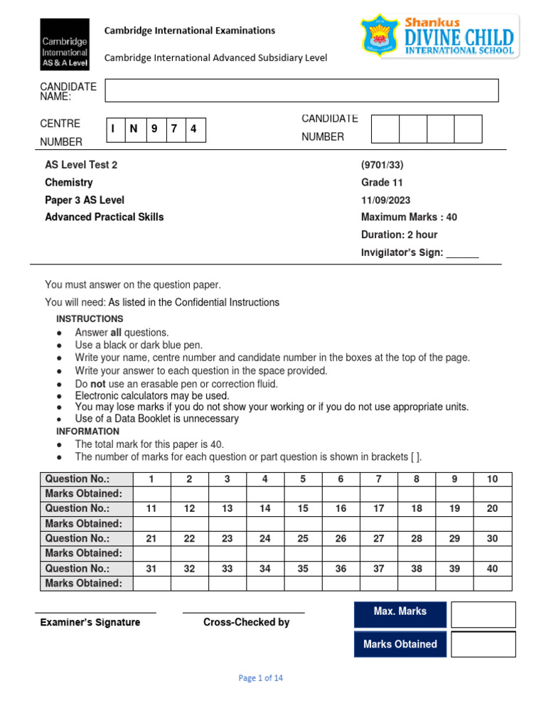 11 Chem Practical Paper Paper 3 As Level Test 2 | PDF