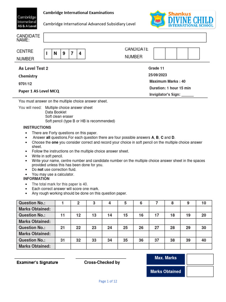 11 Chem MCQ Paper 1 as Level Test 2 | PDF | Chemical Reactions | Iodine