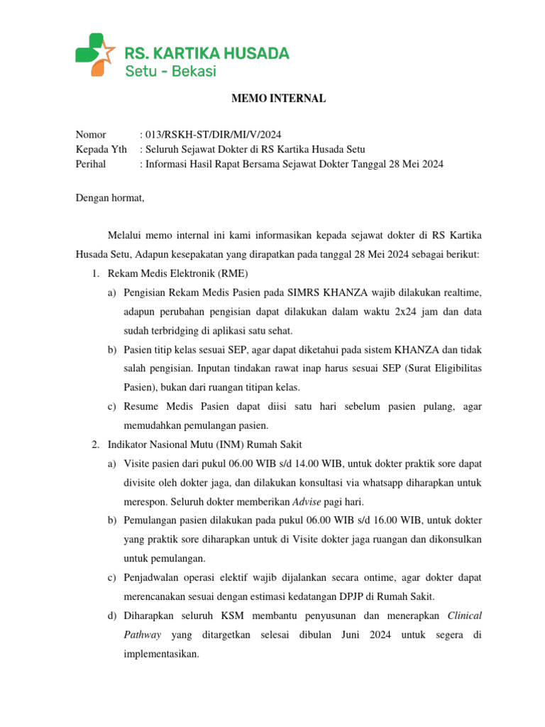 Memo Internal - Hasil Rapat Bersama Sejawat Dokter TGL 28 Mei 2024 | PDF