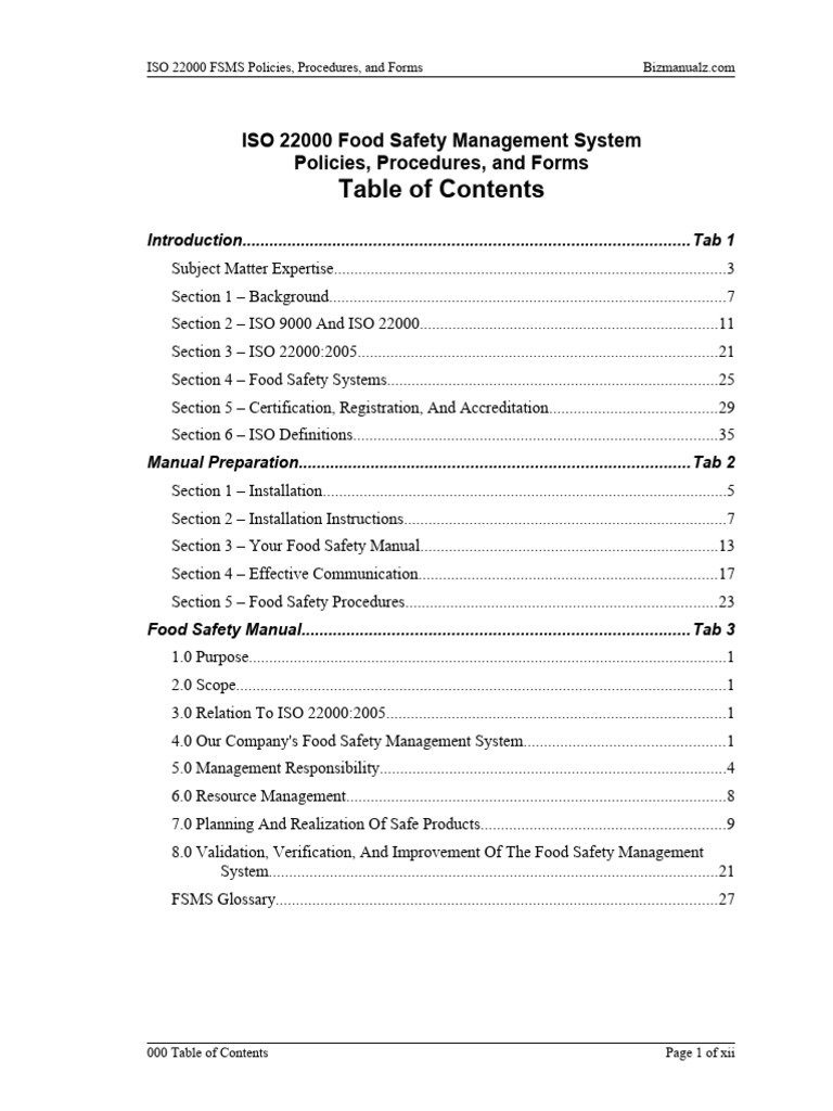 000 ISO 22000 FSMS Manual Table of Contents | PDF | Hazard Analysis And Critical Control Points ...