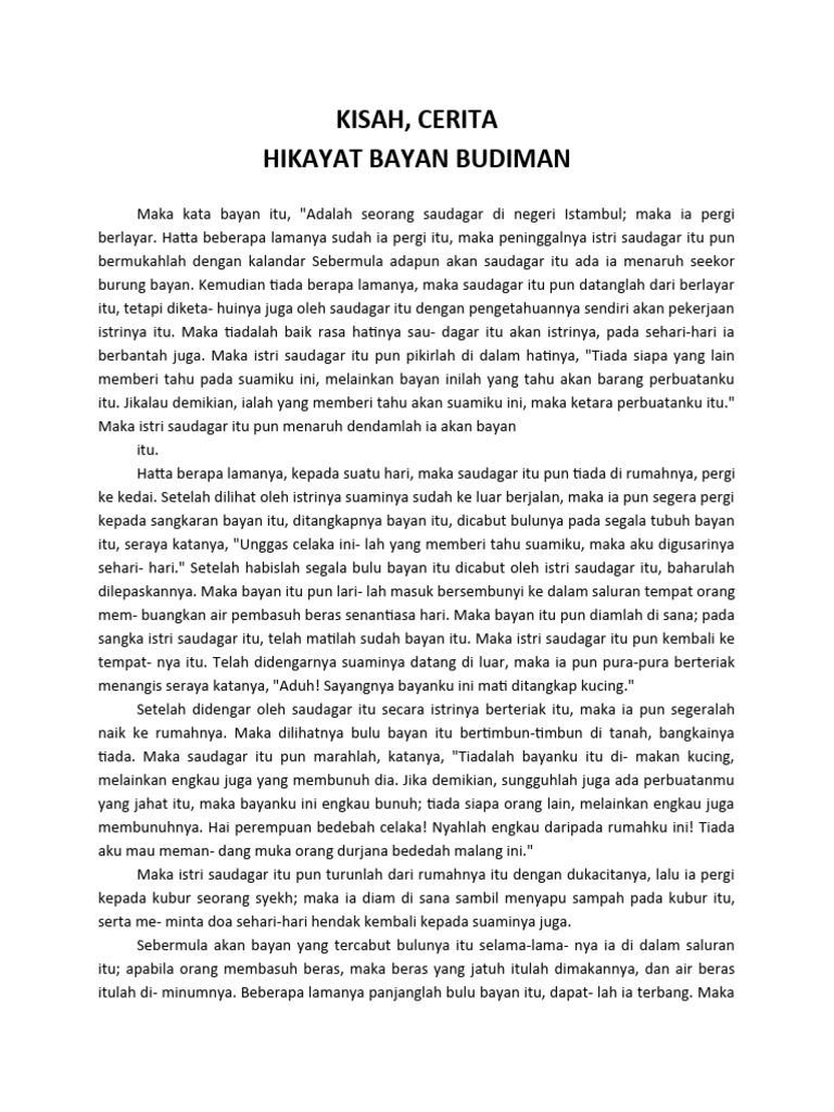 Kisah, Cerita Bayan Yang Dicabut Bulunya Oleh Istri Saudagar | PDF