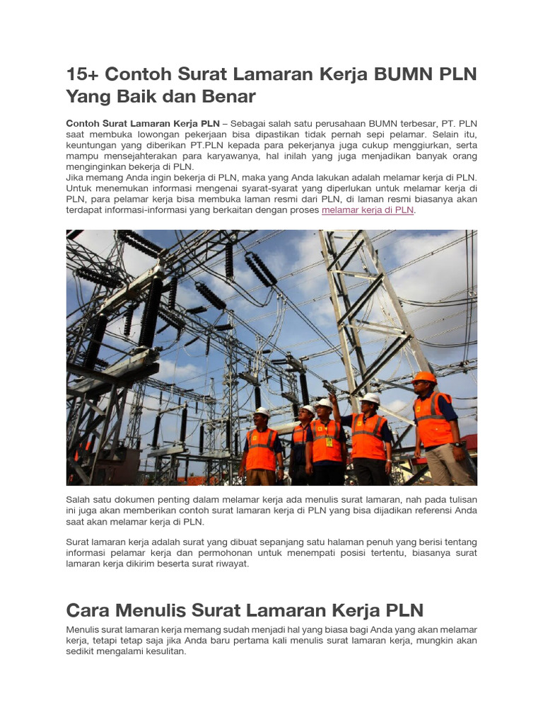 5 Contoh Surat Lamaran Kerja BUMN PLN | PDF