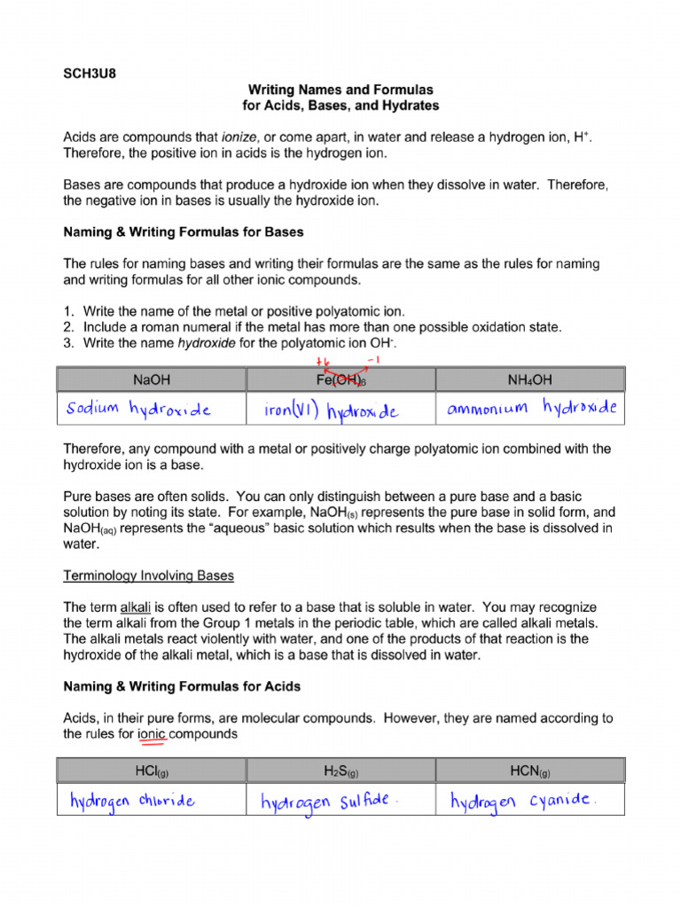Writing Names & Formulas for Acids, Bases, and Hydrates (annotated) | PDF