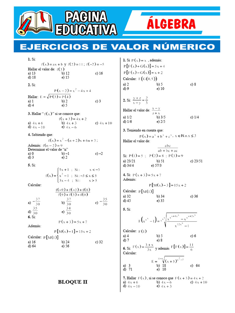 Ejercicios de Valor Numerico Pagina Educativa | PDF | Álgebra | Álgebra abstracta