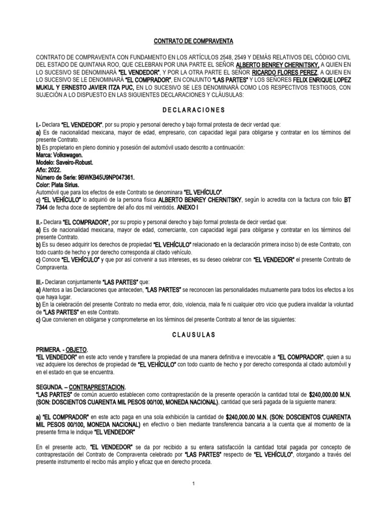 Contrato de Compraventa Automovil - Alberto Benrey | PDF | Negocios ...