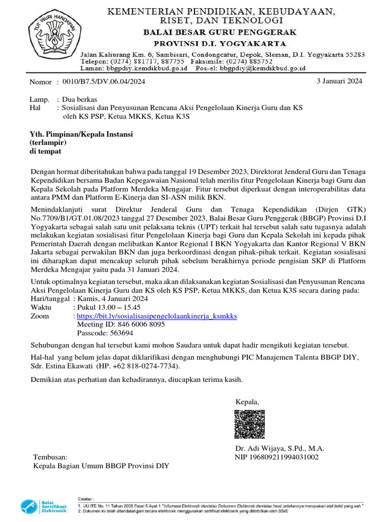 0010 - Undangan Sosialisasi Dan Penyusunan Rencana Aksi Oleh KS PSP, Ketua MKKS, Ketua K3S | PDF