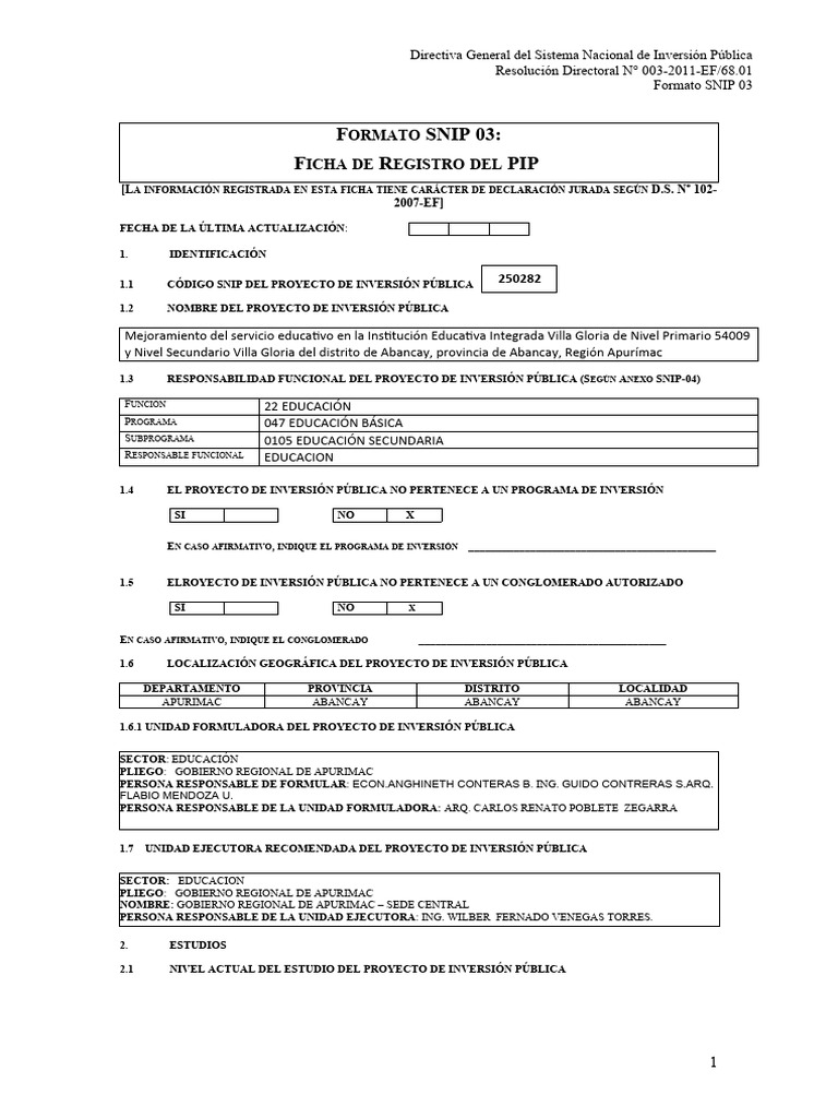 Ficha Snip Villa Gloria | PDF | Presupuesto | Educación Secundaria