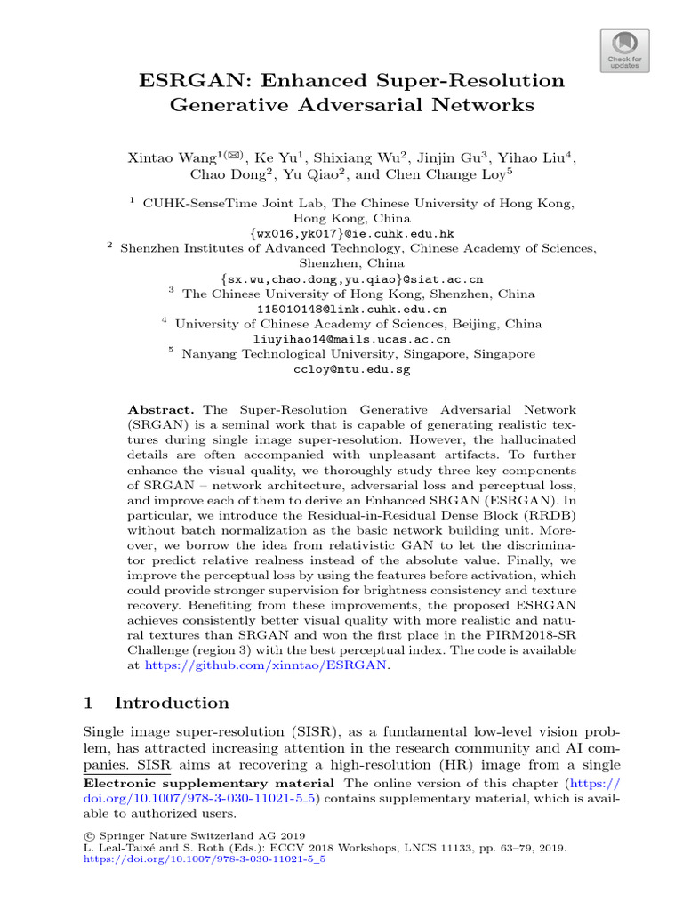 Esrgan Enhanced Super Resolution Generative Adversarial Networks Pdf Deep Learning