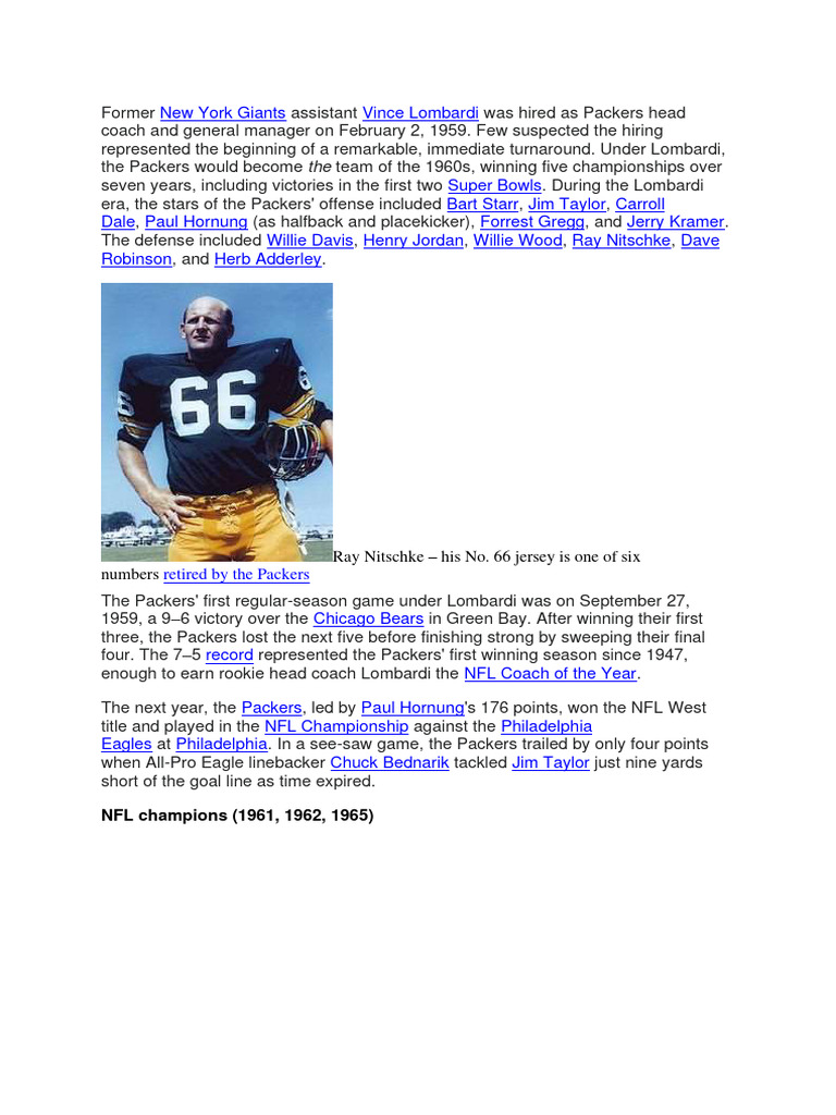 Ray Nitschke - His No. 66 Jersey Is One of Six Numbers: NFL Champions (1961, 1962, 1965) | PDF ...