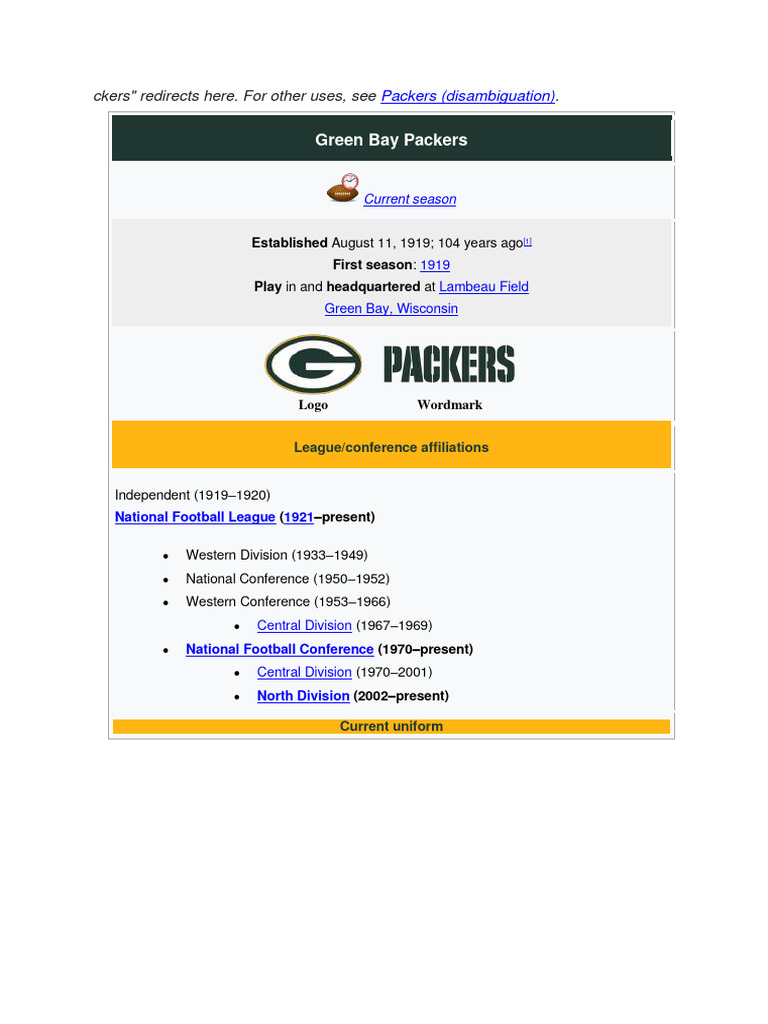 Ckers" Redirects Here. For Other Uses, See .: Green Bay Packers | PDF ...