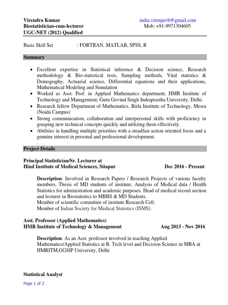 Virendra Sir - Resume | PDF | Statistics | Mathematics