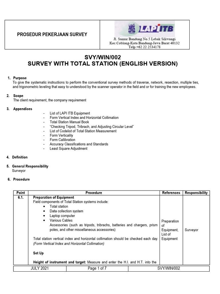 Total Station Survey Procedures Guide | PDF | Surveying | Metrology