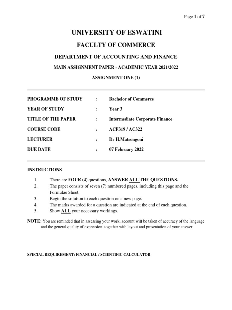 BCom - Intermediate Corporate Finance - ACF319 - AC322 Assignment 1 | PDF | Bonds (Finance ...