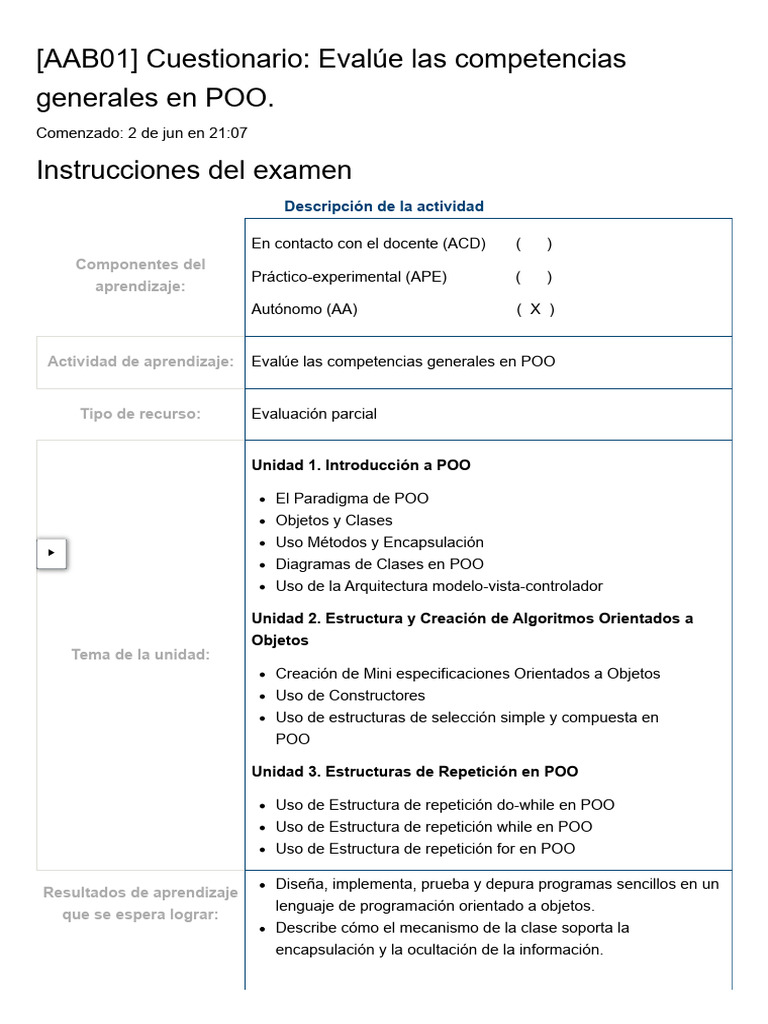 Examen - (AAB01) Cuestionario - Evalúe Las Competencias Generales en POO | PDF | Programación ...