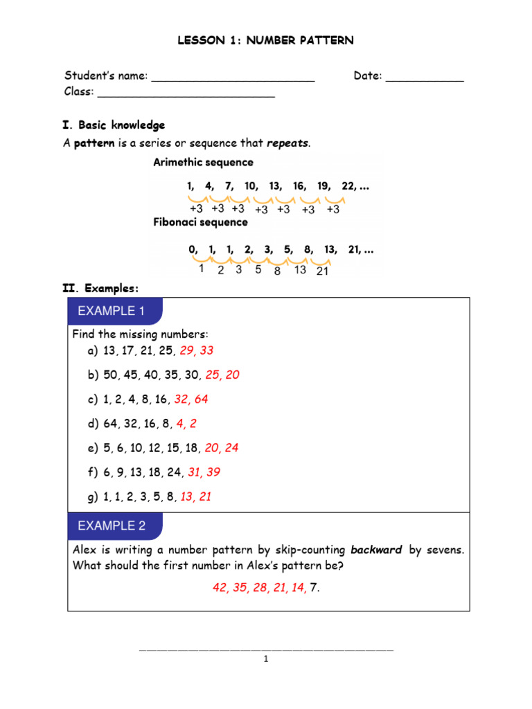 G2 - L1 - Number Pattern - Key Đáp Án | PDF
