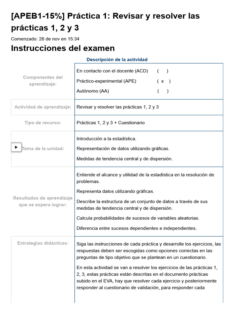 ESTADISTICA Examen - (APEB1-15%) Práctica 1 - Revisar y Resolver Las Prácticas 1, 2 y 3 | PDF ...