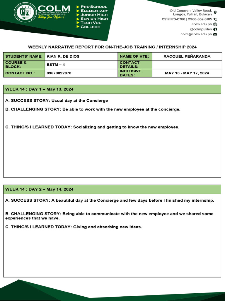 Ojt Narrative Report Week 14 | PDF | Behavior Modification