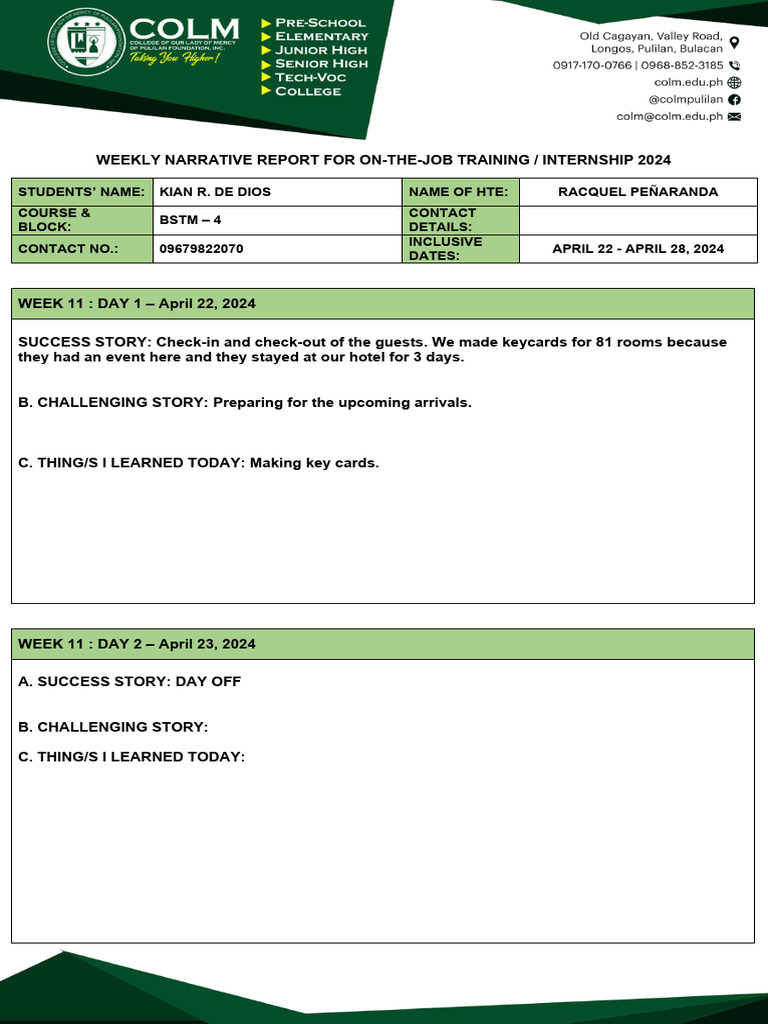 Ojt Narrative Report Week 11 | PDF | Hotel | Hospitality Industry