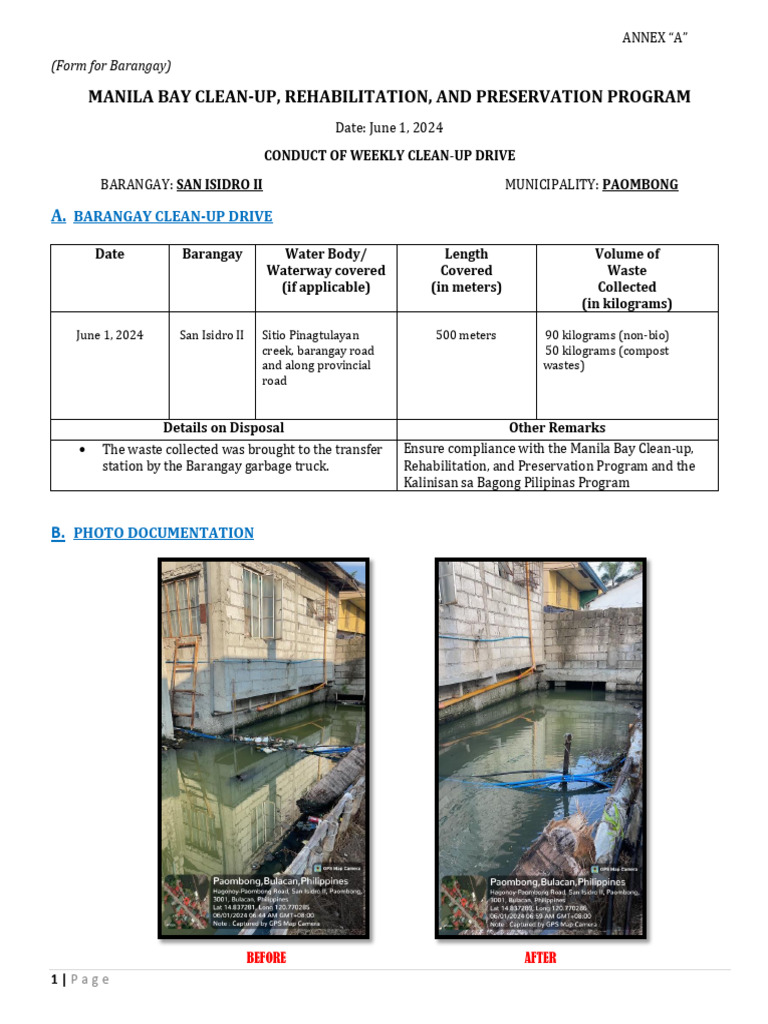 San Isidro II Weekly Clean-Up Report | PDF | Environment | Human Impact ...