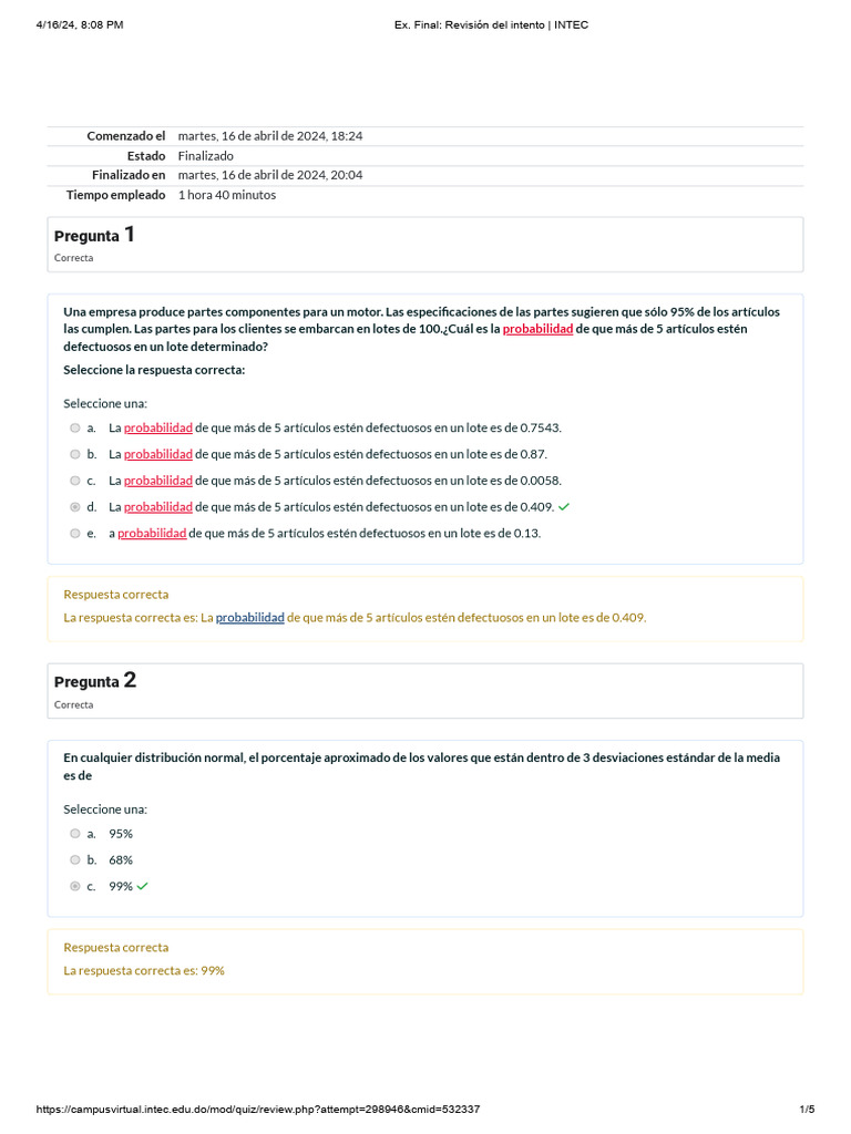 Ex. Final - Revisión Del Intento - INTEC | PDF | Intervalo de confianza | Errores tipo I y tipo Ii