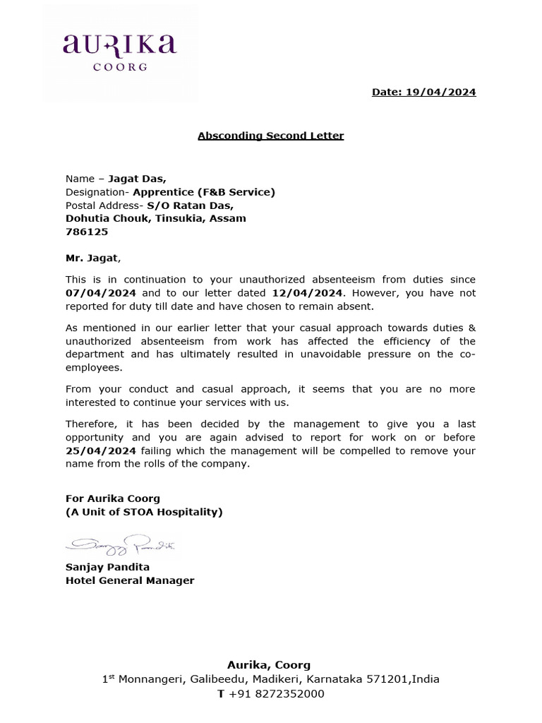 Absconding Letter Format 2 | PDF | Career & Growth