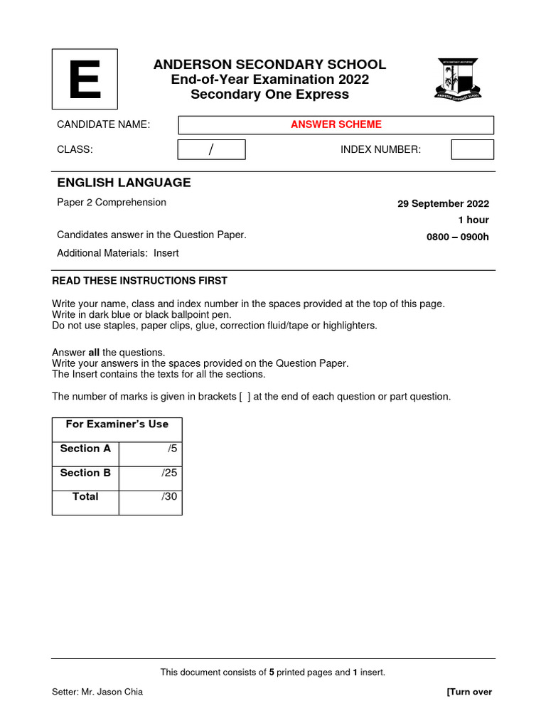 Anderson p2 El Sec 1exp Answers | PDF
