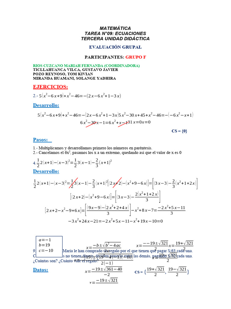 Matemática Semana 10 Tarea - Grupal | PDF