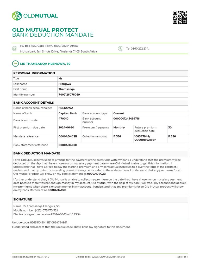 Old Mutual Protect Bank Deduction Mandate | PDF | Insurance | Banks