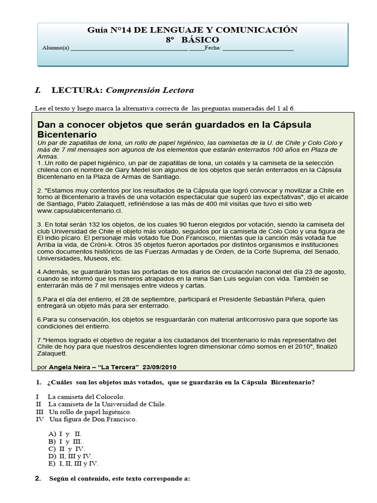 Guía 14 Lectura Comprensiva y Escritura | PDF | Oxígeno | Dom