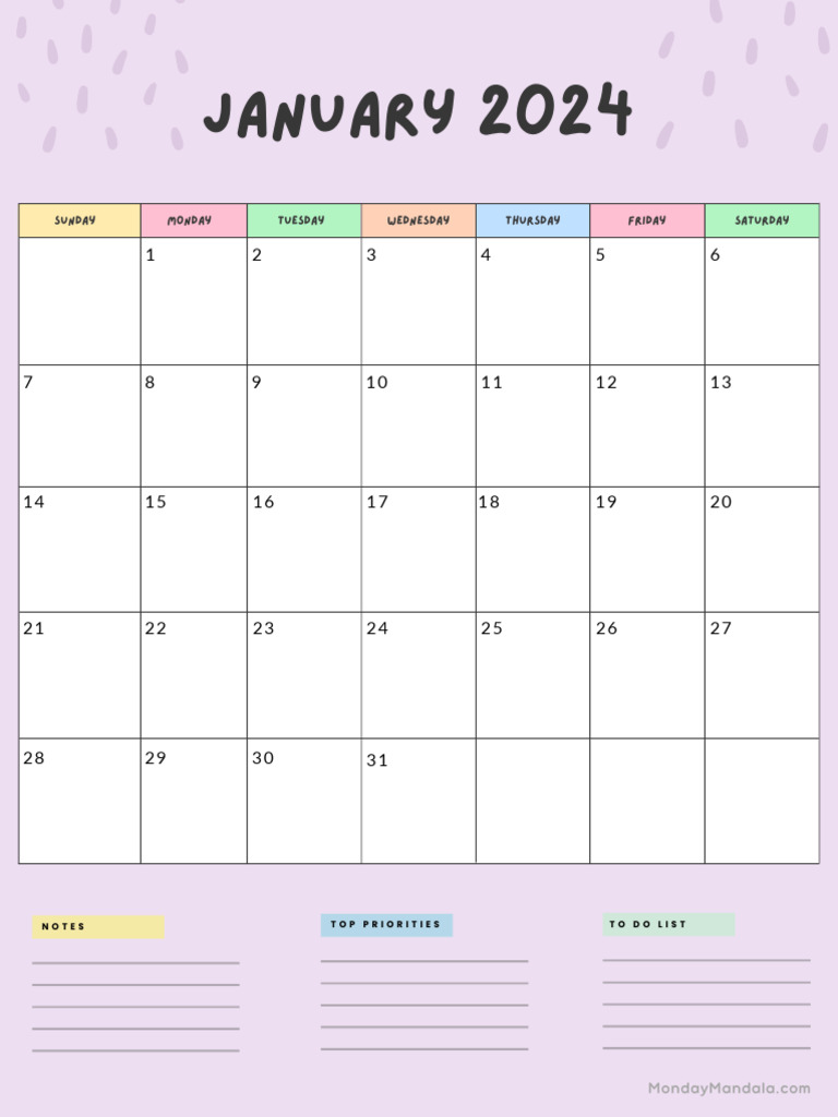 Printable 2024 Calendars Colorful Portrait | PDF