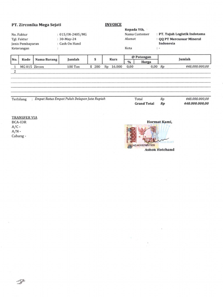 Invoice Pt Zirconika Mega Sejati Pdf