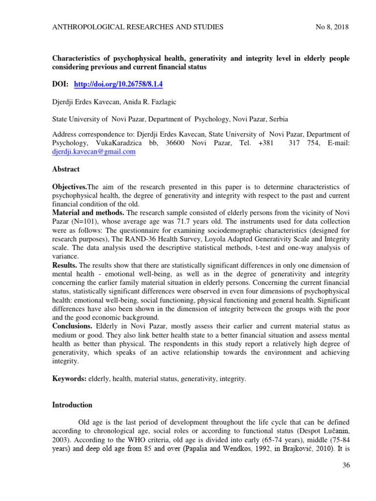 Characteristics of Psychophysical Health Generativity and Integrity ...