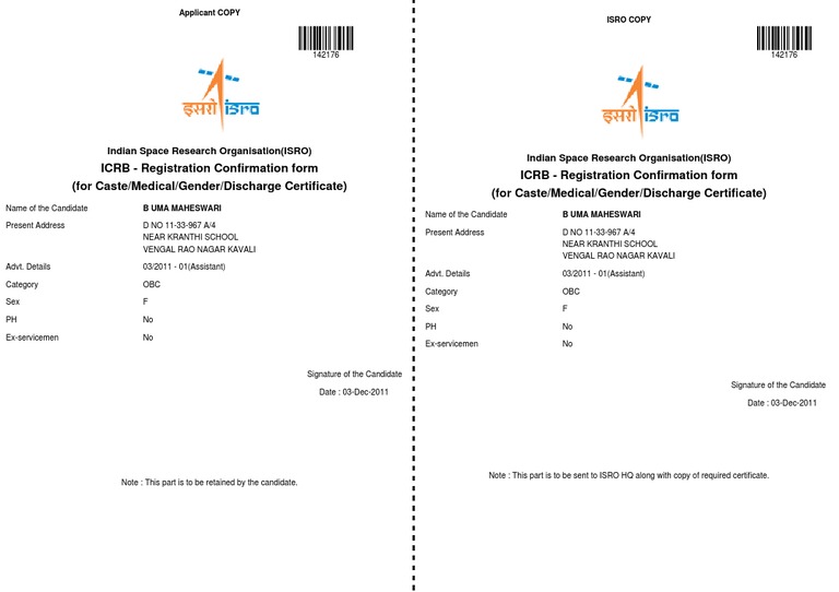 ICRB - Registration Confirmation Form (For Caste/Medical/Gender ...