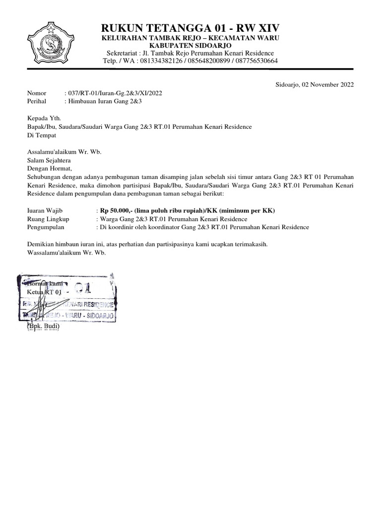 Surat RT 037 - Iuran Gang 2&3 (02-11-2022) | PDF