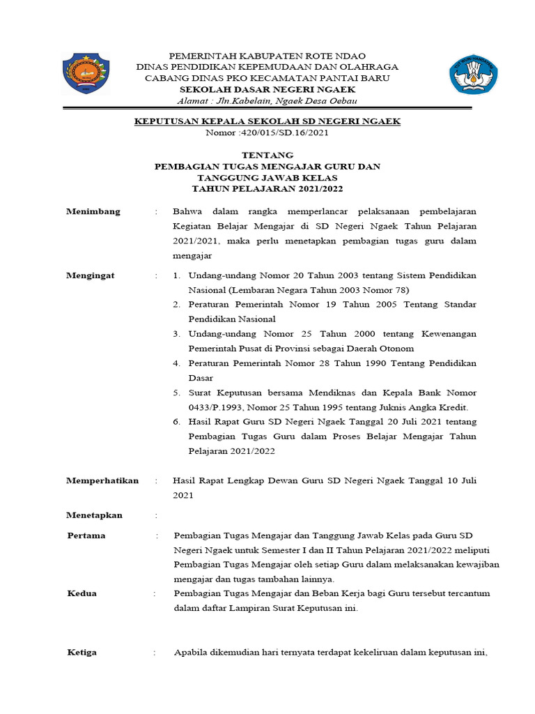 SK Pembagian Tugas 2021 | PDF